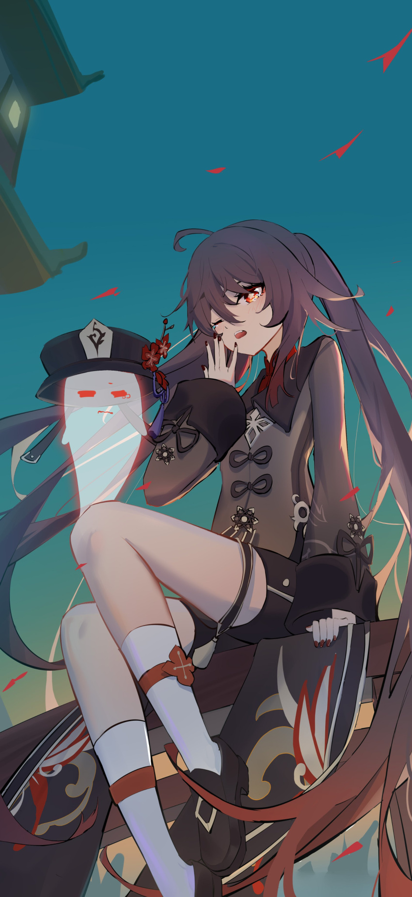 Safebooru - 1girl ;o absurdres architecture black footwear black nails black shorts blurry boo ...