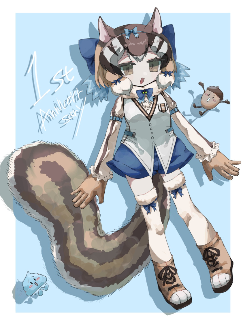 Safebooru - 1girl acorn animal ears anniversary blue background boots brown eyes brown hair ...
