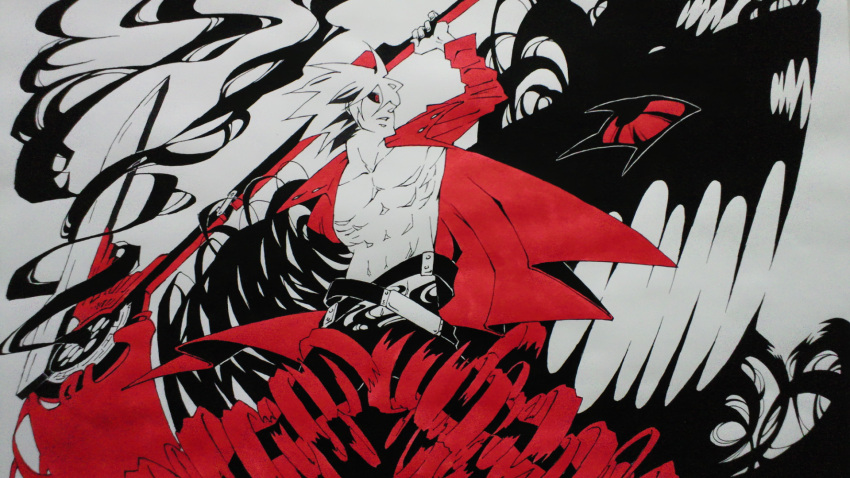 Safebooru - belt black sclera blazblue blood coat epic highres male ...