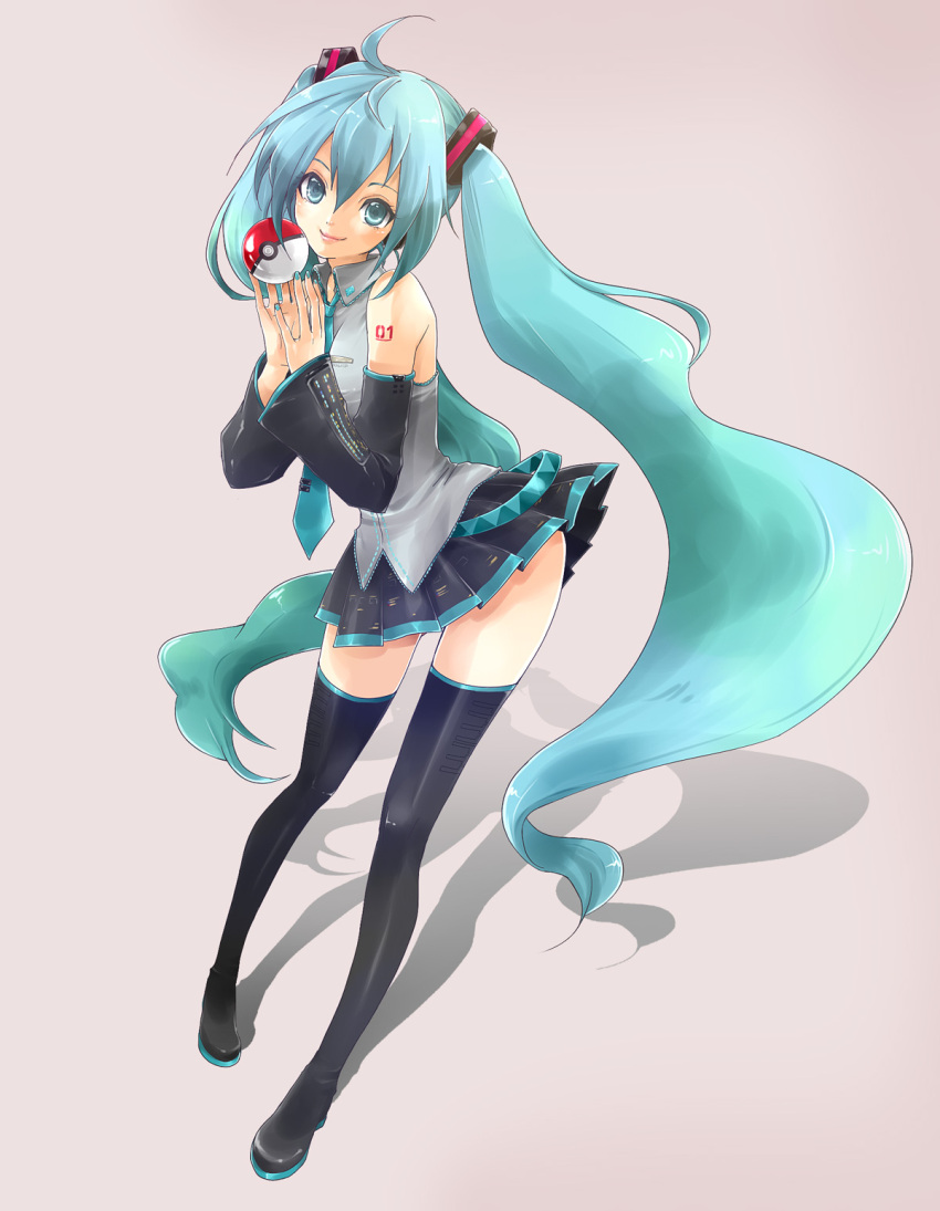 Safebooru - ahoge aqua eyes aqua hair detached sleeves hatsune miku highres holding holding poke ...
