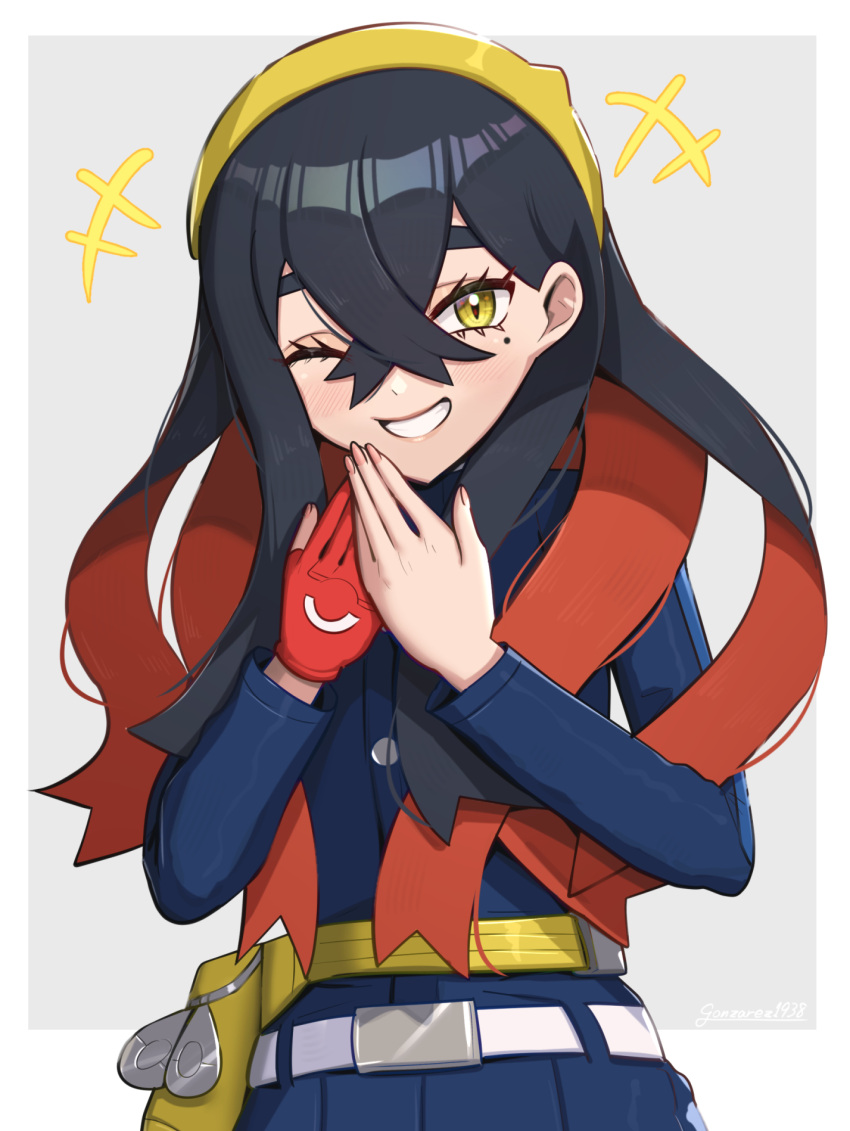 Safebooru - 1girl black hair buttons carmine (pokemon) colored inner hair crossed bangs ...