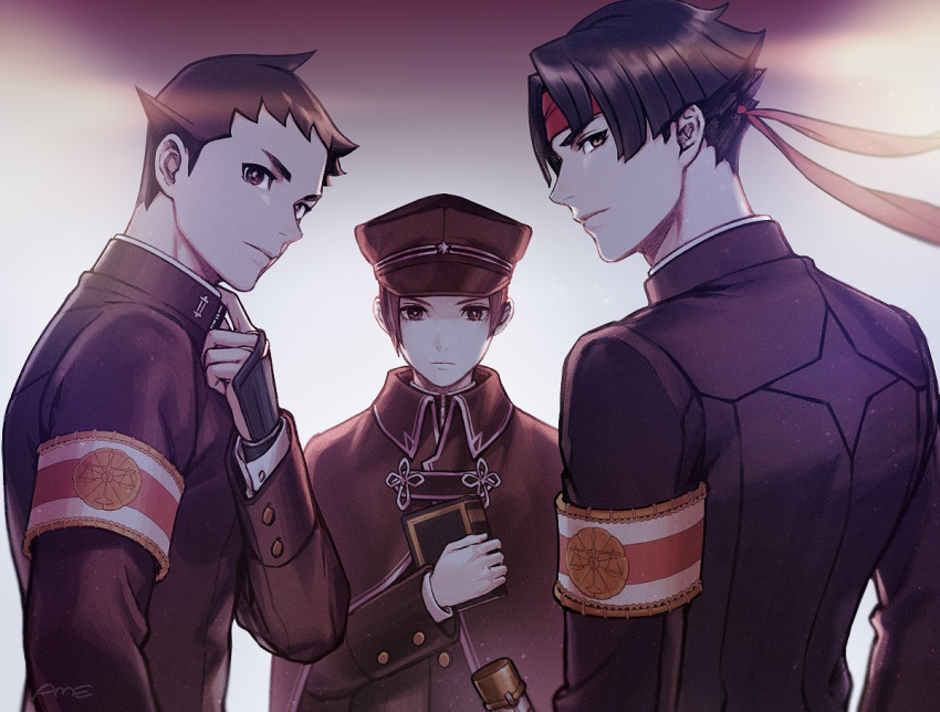 Safebooru - 1girl 2boys ace attorney adjusting collar amemomism armband black cape black eyes ...