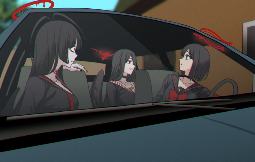 Safebooru - 3girls antenna hair black choker black hair black serafuku black wings blue archive ...