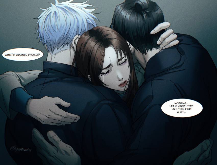 Safebooru - 1girl 2boys black hair black jacket brown hair closed eyes crying english text getou ...