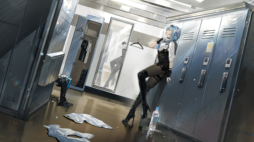 Safebooru - 1girl absurdres against locker bench black gloves black hairband black headband ...