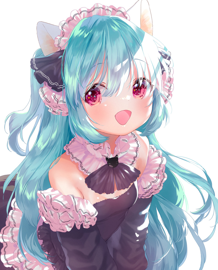 Safebooru - 1girl animal ears apron bare shoulders black dress blue hair blush breasts cat ears ...