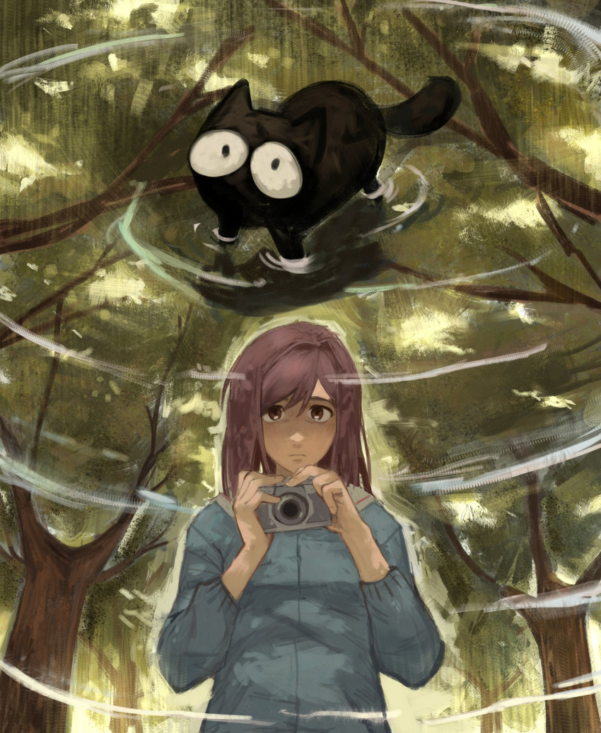 Safebooru - 1girl absurdres animal black cat brown eyes camera cat ...