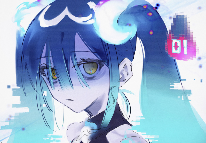 Safebooru - 1girl absurdres bags under eyes black shirt blue hair frown ...