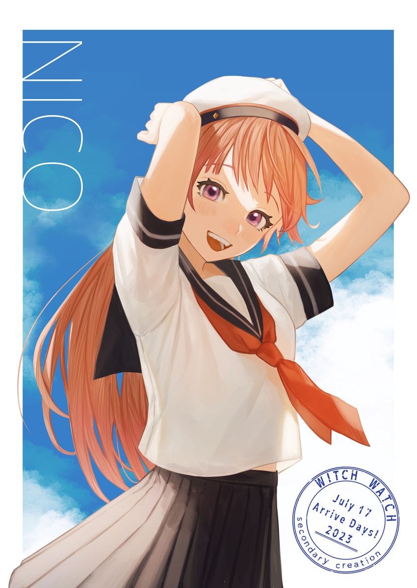 Safebooru - 1girl :d absurdres arms up black skirt blue sky character name clouds dated hat ...