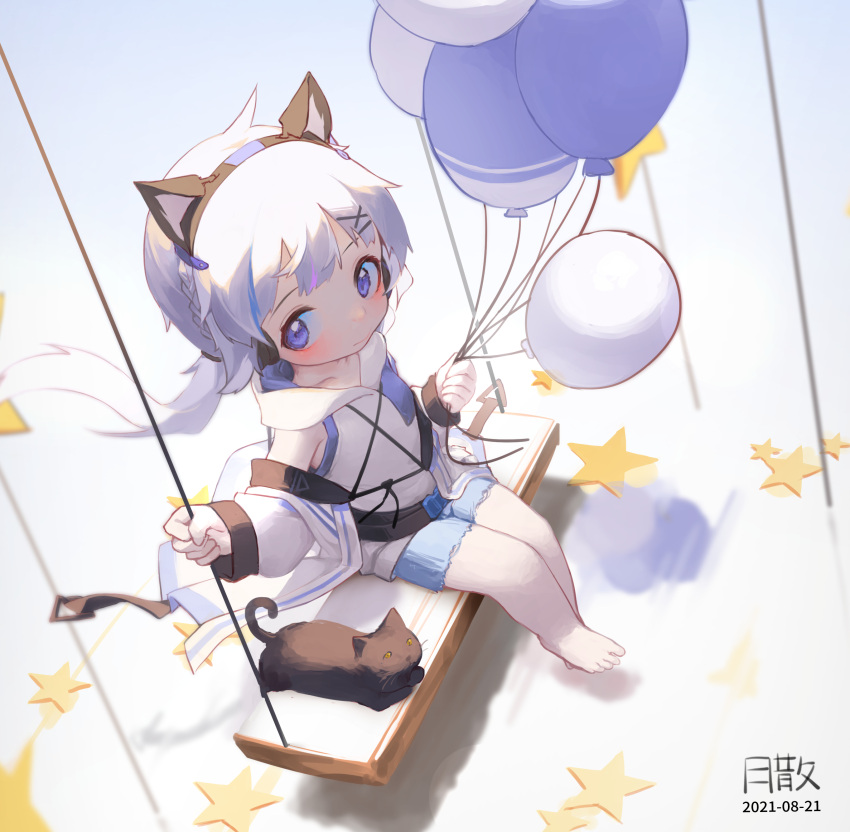 Safebooru - 1girl absurdres animal ears balloon barefoot black cat blue hair blue shorts blush ...