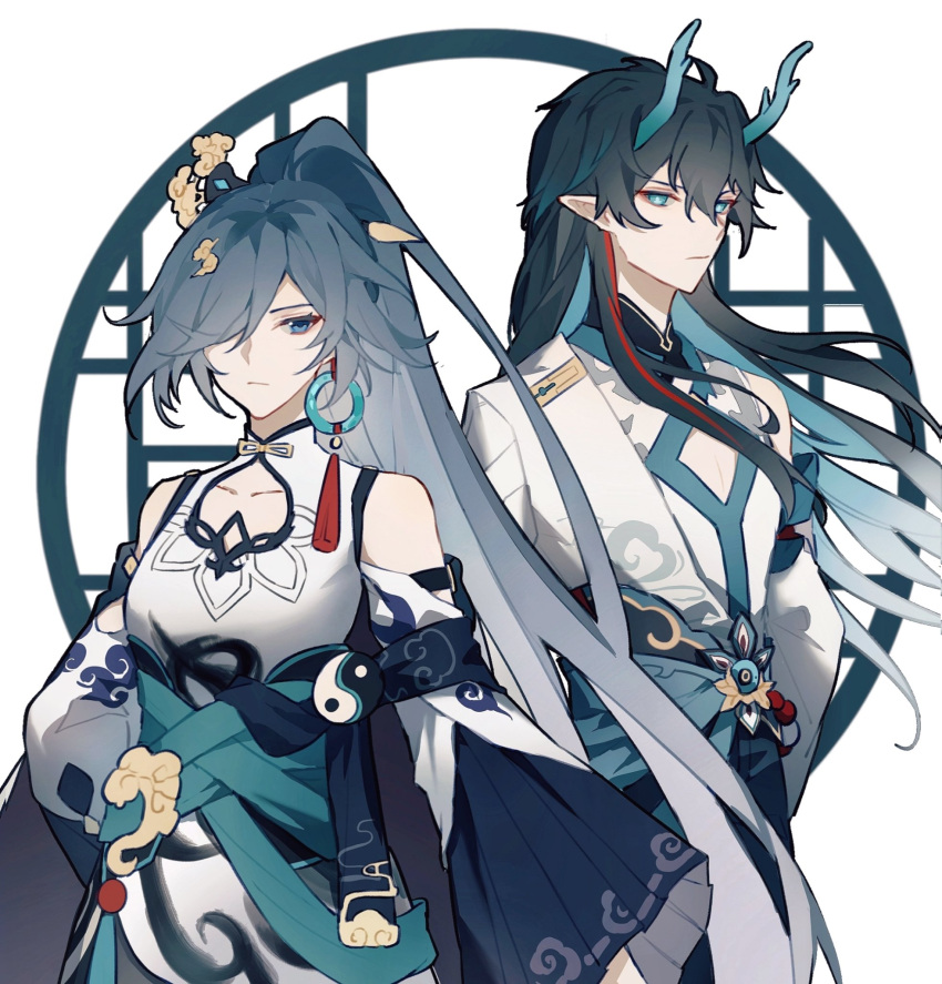 Safebooru - 1boy 1girl :| ahoge arm behind back arms behind back black ...