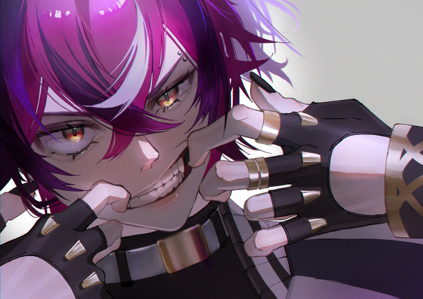 Safebooru - bishounen black nails cheek pull clenched teeth crossed ...