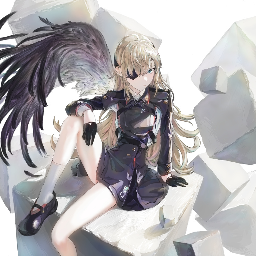 Safebooru - 1girl absurdres aqua eyes black gloves blonde hair blush elazale eyepatch feathered ...