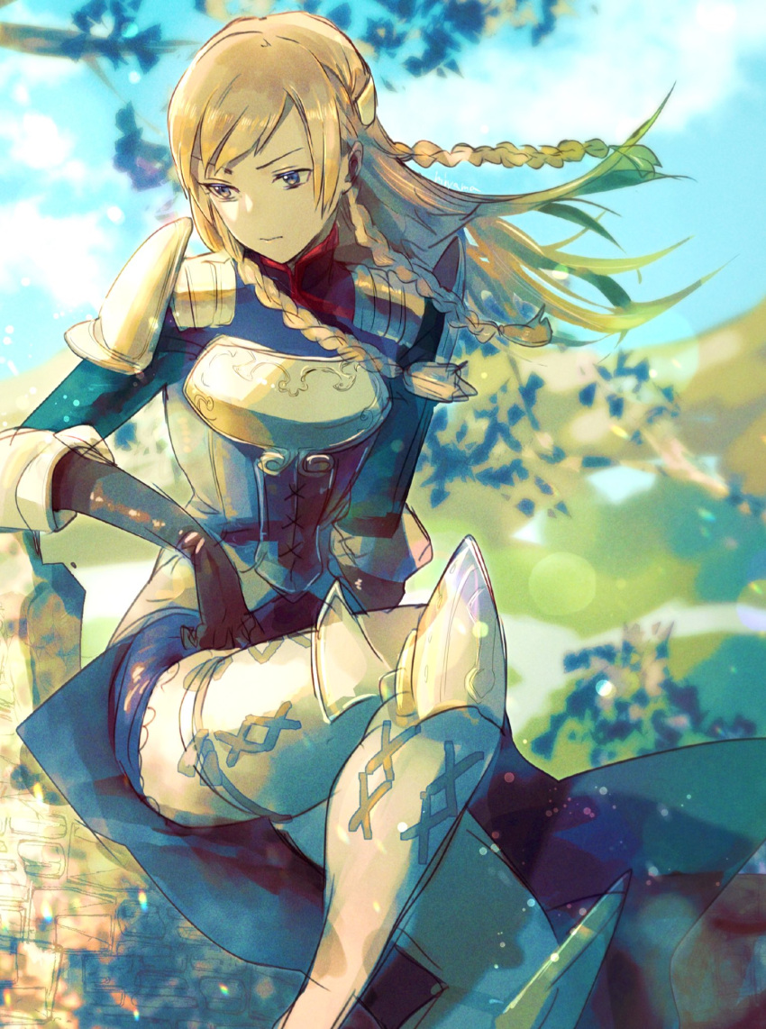 Safebooru - 1girl armor boots braid breastplate closed mouth clouds gloves greaves grey eyes ...