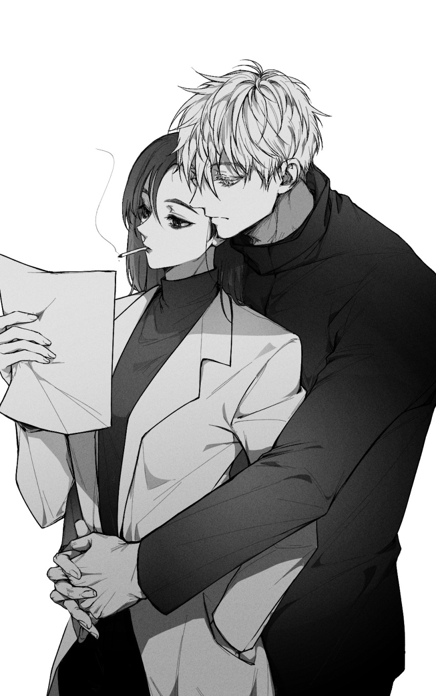 Safebooru - 1boy 1girl cigarette closed mouth coat couple cowboy shot gojou satoru greyscale ...