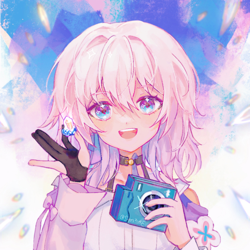 Safebooru - 1girl archery shooting glove artist name black choker black gloves blue eyes camera ...