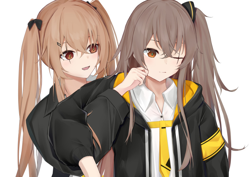 Safebooru - 2girls absurdres black jacket brown eyes brown hair cheek pinching collared shirt ...