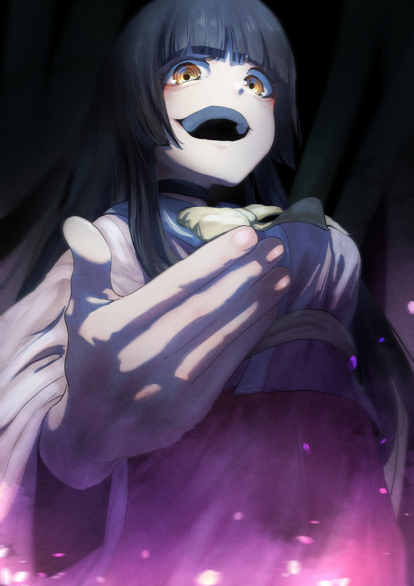 Safebooru - 1girl absurdres black background black hair blunt bangs bow bowtie breasts brown ...