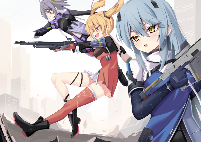Safebooru - blonde hair blue bodysuit blue hair bodysuit boots grey hair highres jiseki rena ...