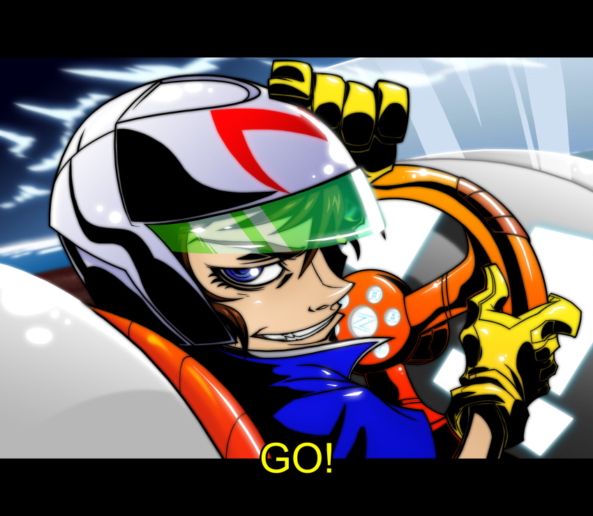 Safebooru - 1boy absurdres brown hair driving from behind gloves hair between eyes helmet ...