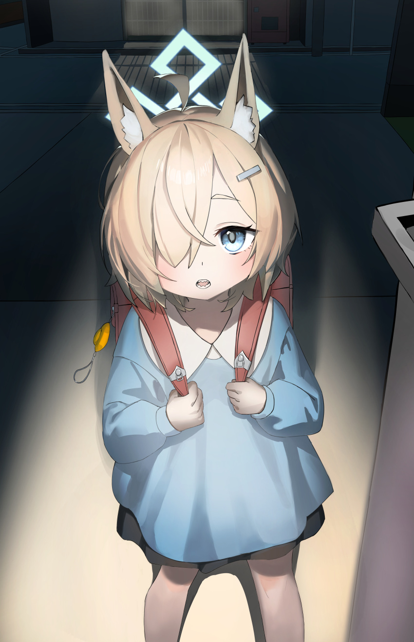 Safebooru - 1girl absurdres aged down animal ear fluff animal ears backpack bag blonde hair blue ...