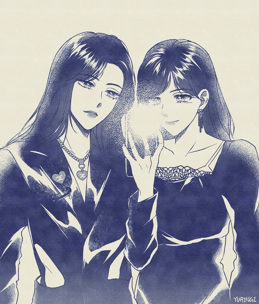 Safebooru - 2girls artist name dress earrings gfriend greyscale highres ...