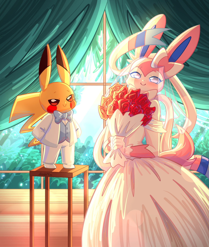 Safebooru - 1boy 1girl animal focus blue sclera blush bouquet bridal ...