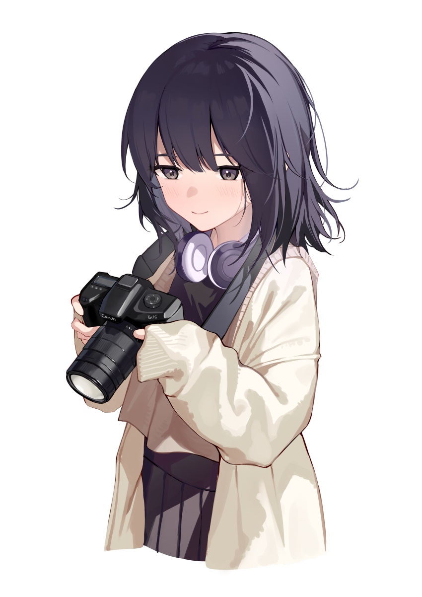 Safebooru - 1girl absurdres black hair black skirt camera closed mouth ...