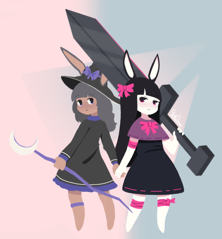 Safebooru - 2girls absurdres animal ears bandaged leg bandages barefoot black dress black hair ...