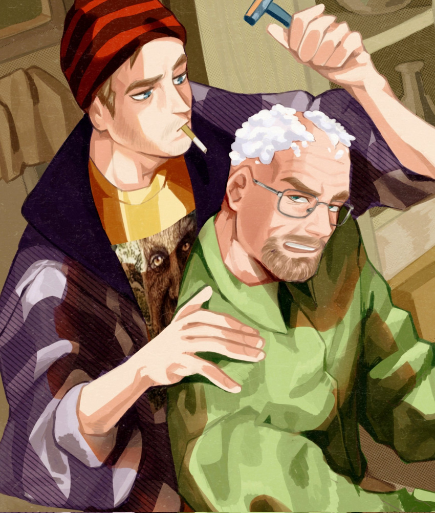 Safebooru - 2boys bald bathroom beanie beard blonde hair blue eyes ...