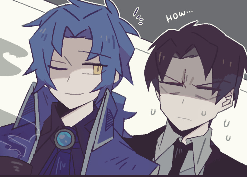 Safebooru - 20 (1more surren) 2boys ascot black hair black jacket black necktie black shirt blue ...