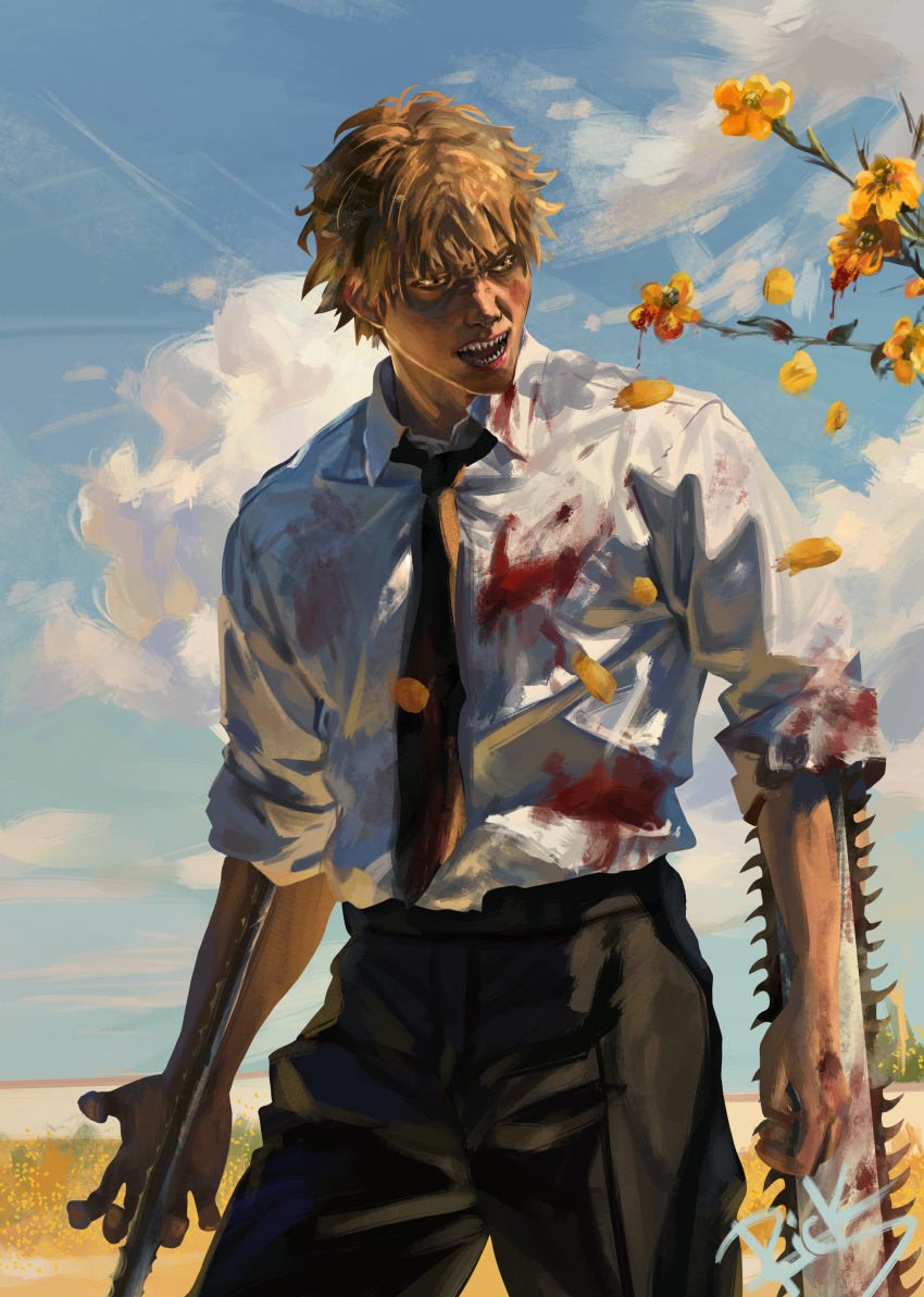Safebooru - 1boy absurdres black necktie black pants blonde hair blood blood on clothes blue sky ...