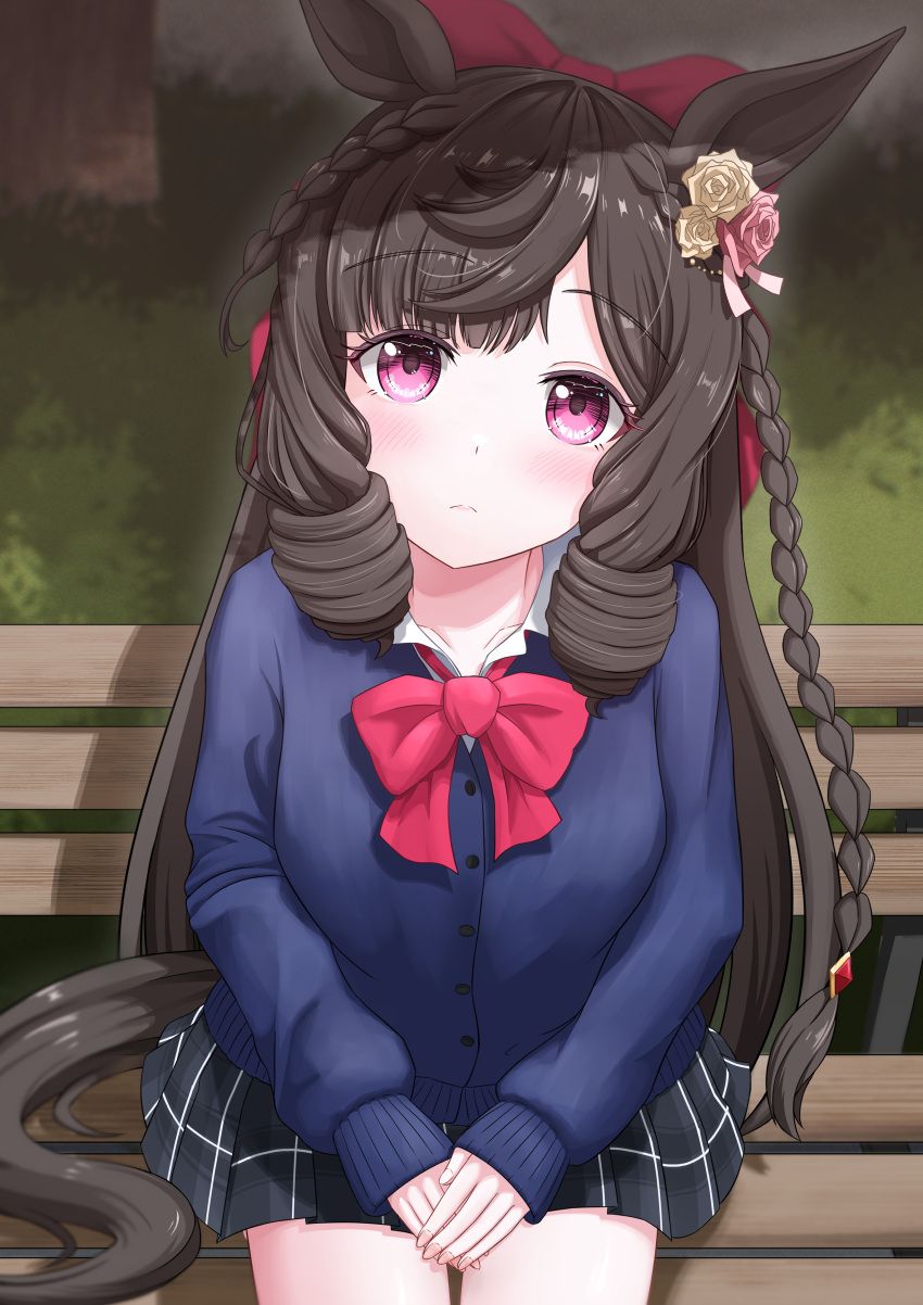 Safebooru - 1girl absurdres animal ears bench black hair blurry blurry background blush braid ...