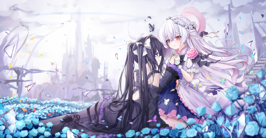 Safebooru - 2girls arcaea bare shoulders black dress black hair black sleeves blue dress blue ...