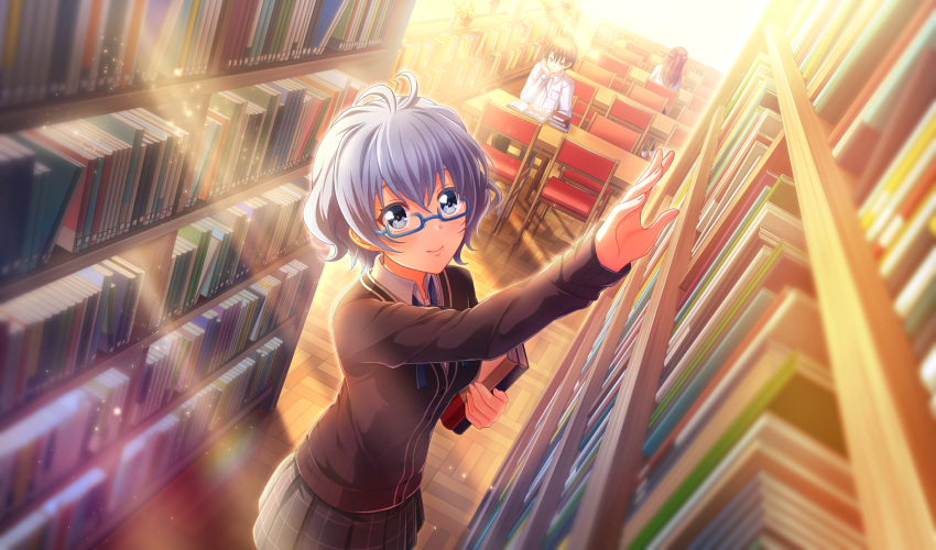 Safebooru - 1boy 2girls aqua eyes arm up black jacket blue-framed eyewear blue hair blue ribbon ...