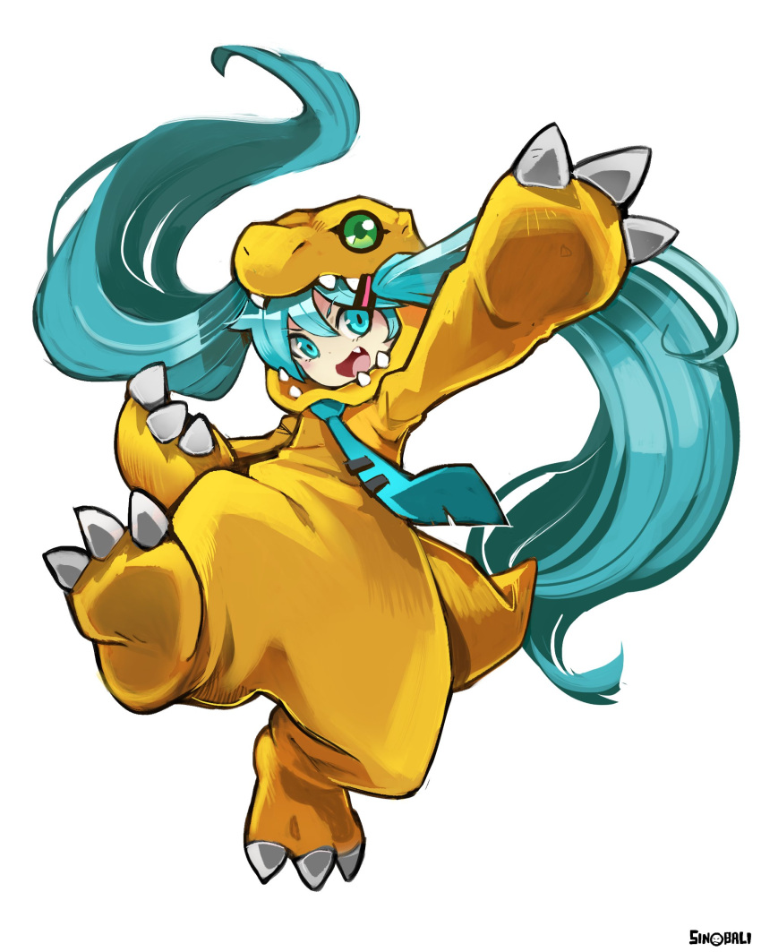 Safebooru - absurdres agumon agumon (cosplay) aqua eyes aqua hair ...