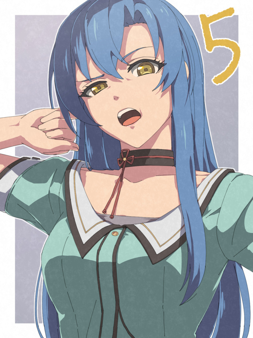 Safebooru - 1girl blue hair border breasts chiharu (9654784) commentary request countdown eiyuu ...