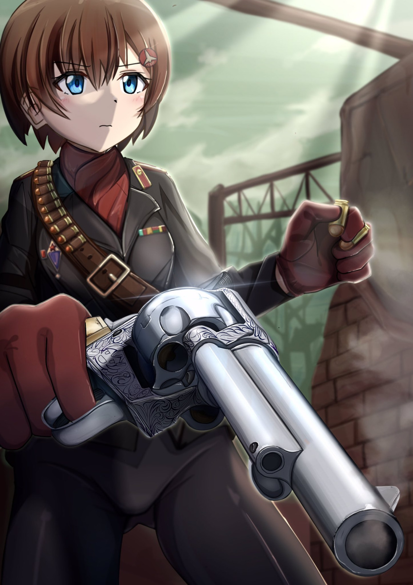 Safebooru - blue eyes brown hair colt single action army green sky gun ...