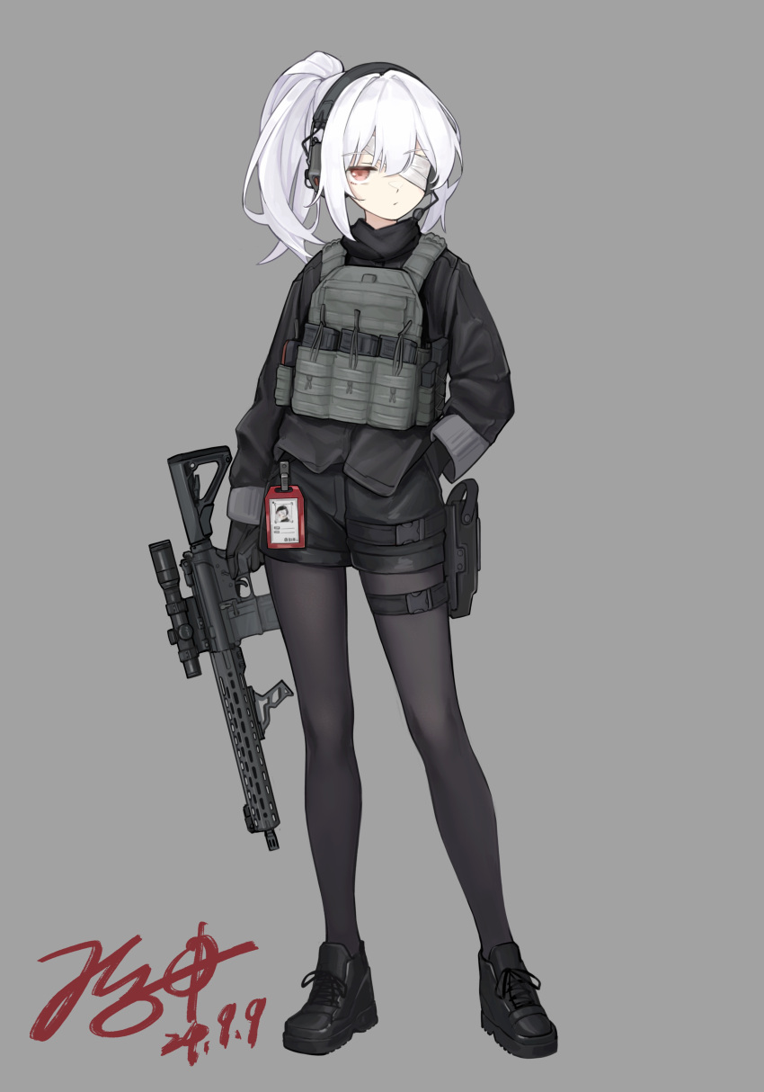 Safebooru - 1girl absurdres assault rifle bandage over one eye black ...