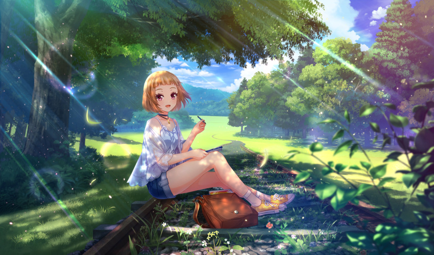 Safebooru - 1girl amakusa kotone arched bangs blue shorts blurry brown ...