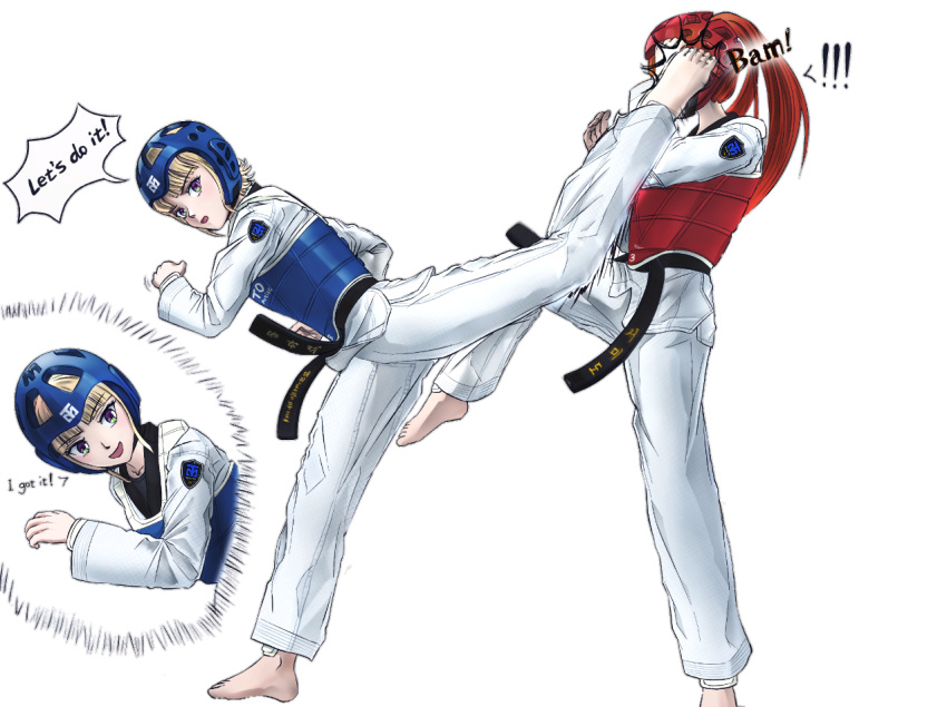 Safebooru - 2girls barefoot blue helmet catfight dougi furioussmile ...