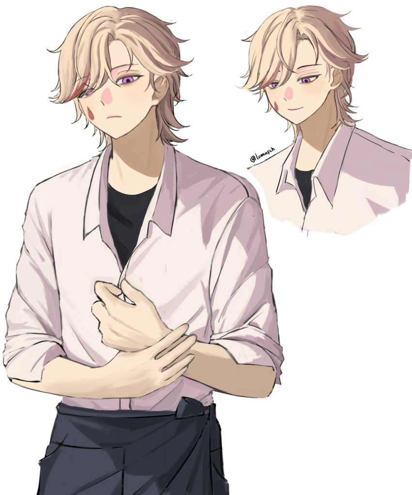 Safebooru - 1boy black pants black shirt blonde hair closed mouth facial mark genshin impact ...