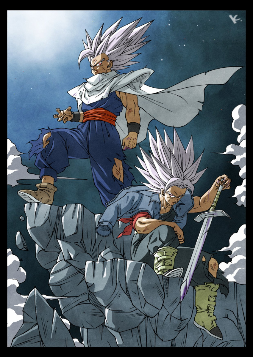 Safebooru - 2boys alternate universe black border black pants black ...