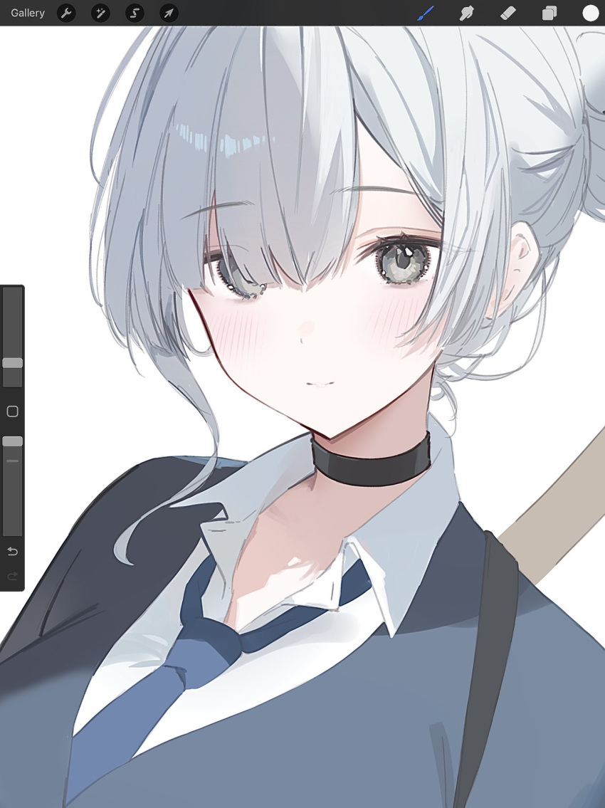 Safebooru - 1girl art program in frame black choker blue cardigan blue necktie blush cardigan ...