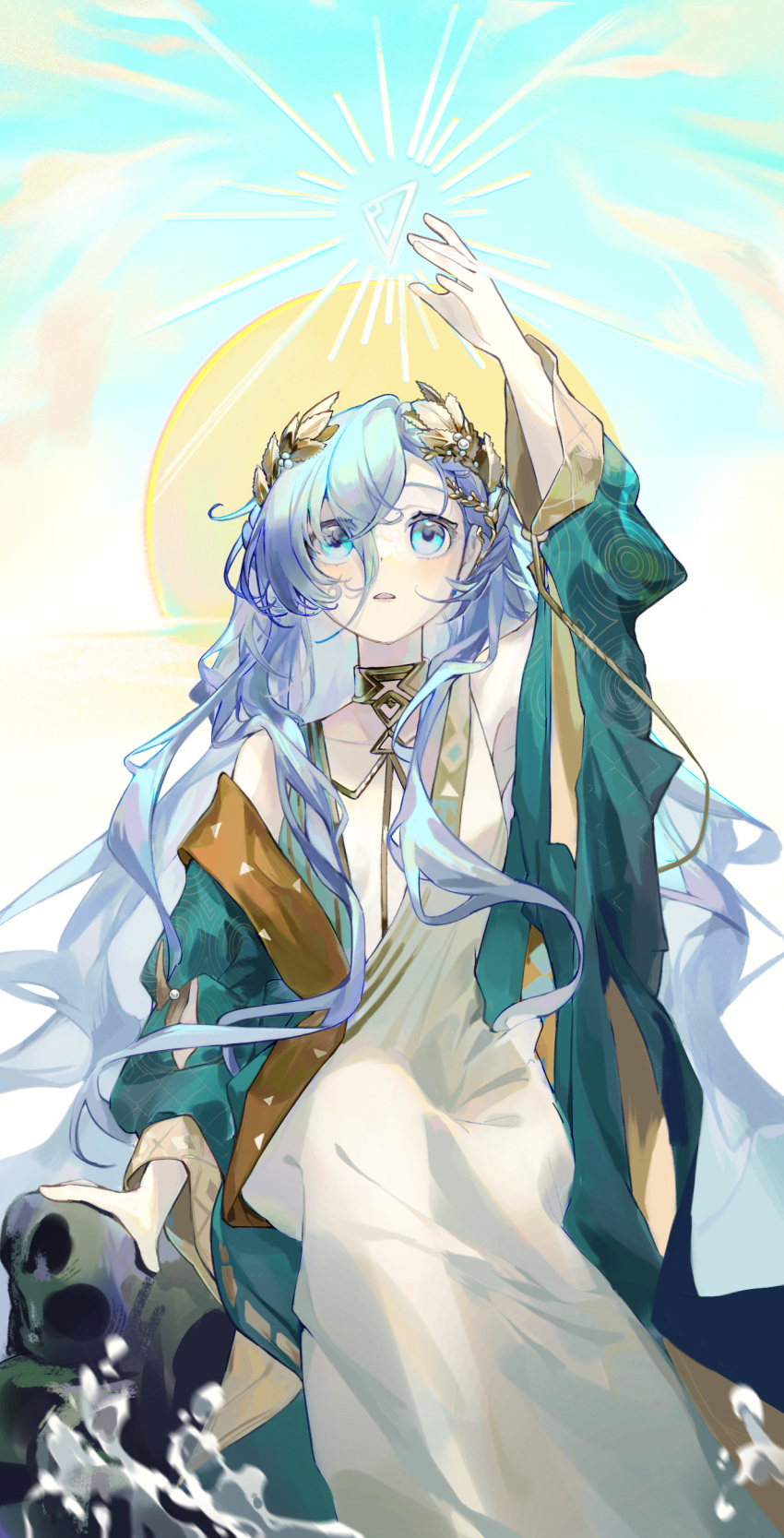 Safebooru - 1girl 37 (reverse:1999) absurdres ancient greek clothes aqua robe arm up bare ...