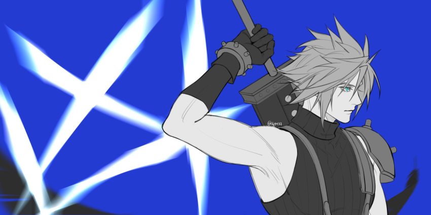 Safebooru - 1boy armor armpits black feathers blue background blue eyes buster sword cloud ...