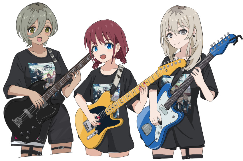 Safebooru - 3girls bass guitar black nails black shirt black shorts ...