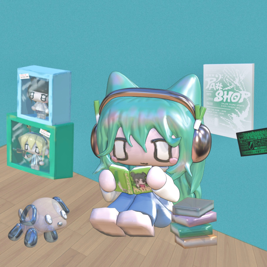 Safebooru - 1girl 3d animal ears aqua hair blue pants blush stickers ...