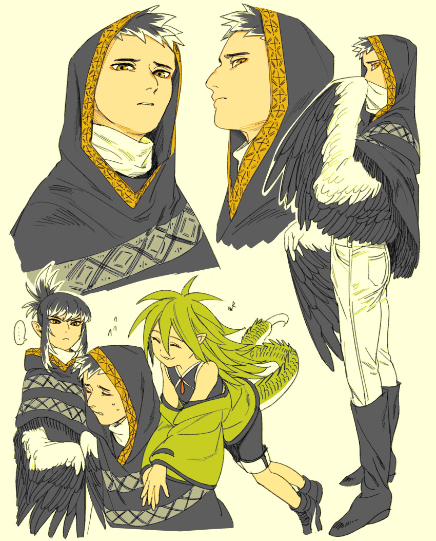 Safebooru - ... 1boy 2girls absurdres bird boy bird girl bird wings boots cloak closed eyes ...