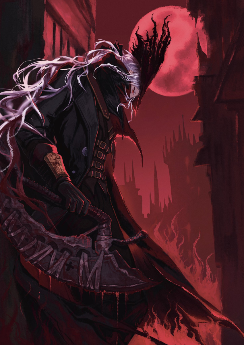 Safebooru - 1girl black coat black gloves bloodborne building coat fire ...